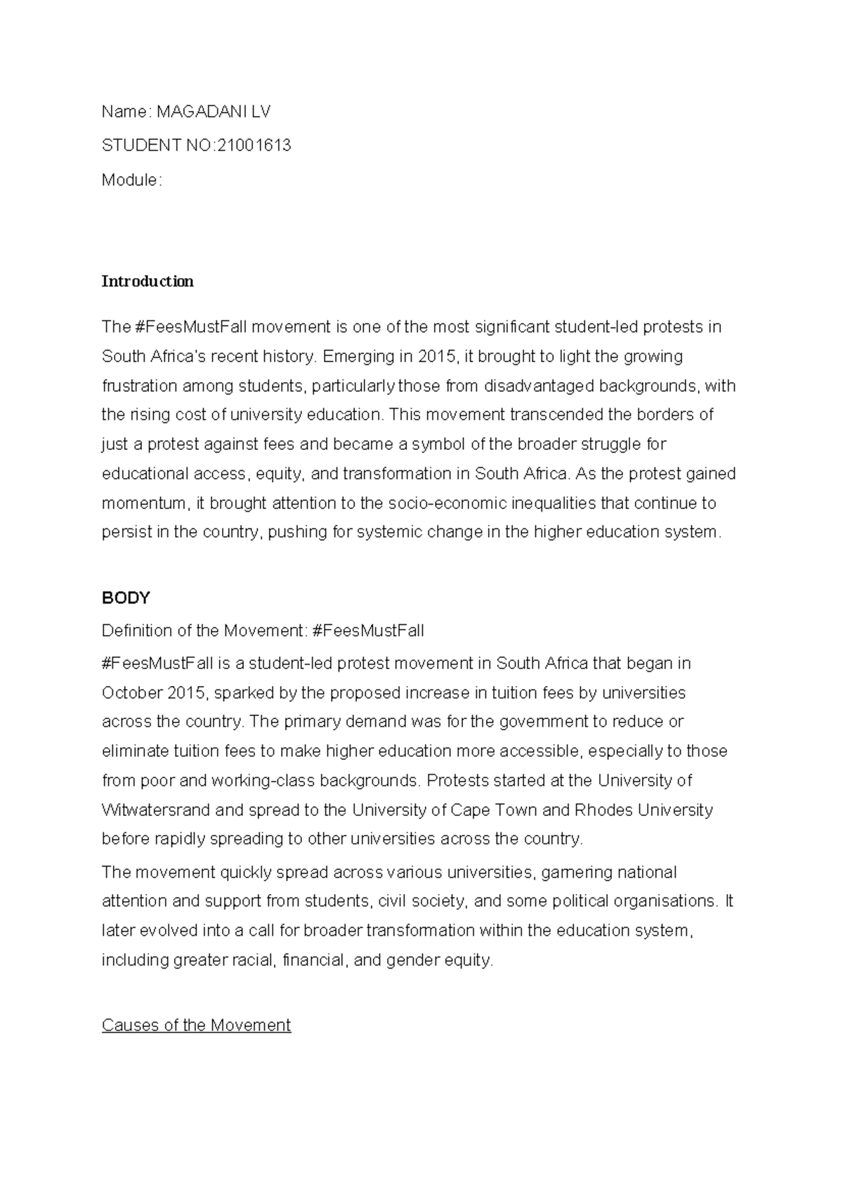 #Fees Must Fall Movement: A Study on Educational Equity in SA - Studocu