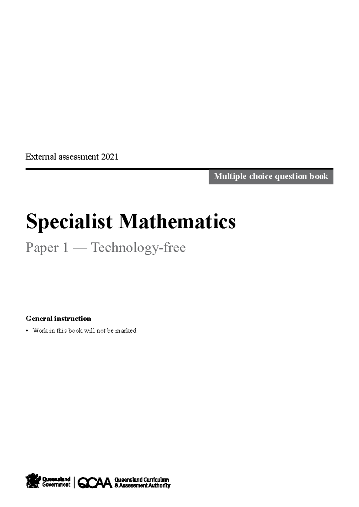 Snr Specialist Maths 21 Final Exam MCQ Question Book - Studocu