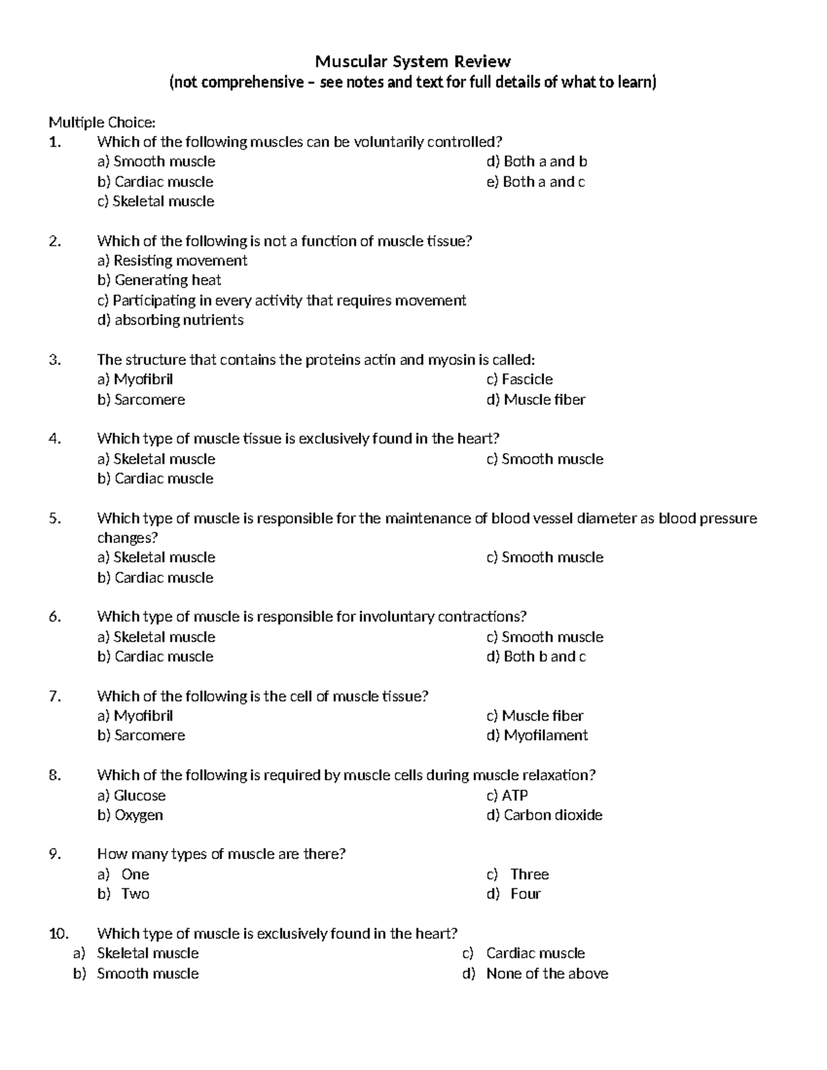 Muscular System Review Questions (Not Comprehensive) - Studocu
