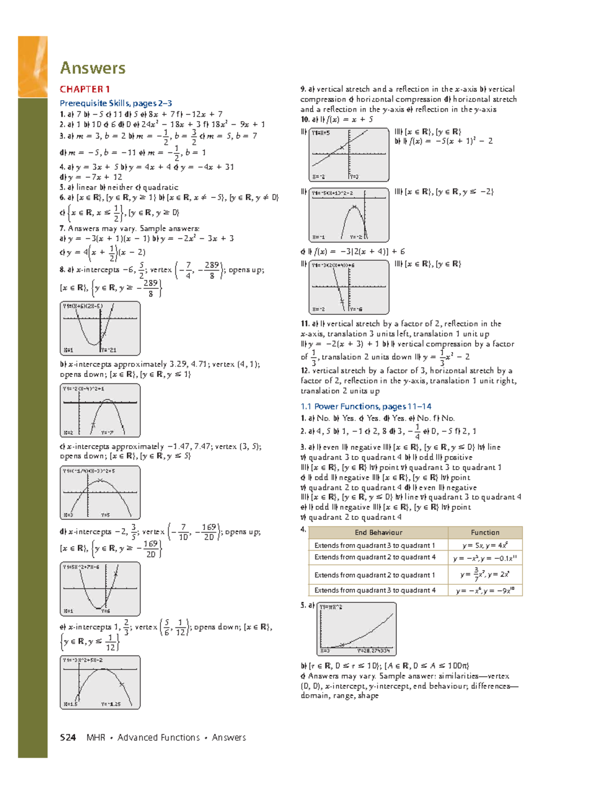 Advanced Functions Answers: Chapter 1 Review and Solutions - Studocu