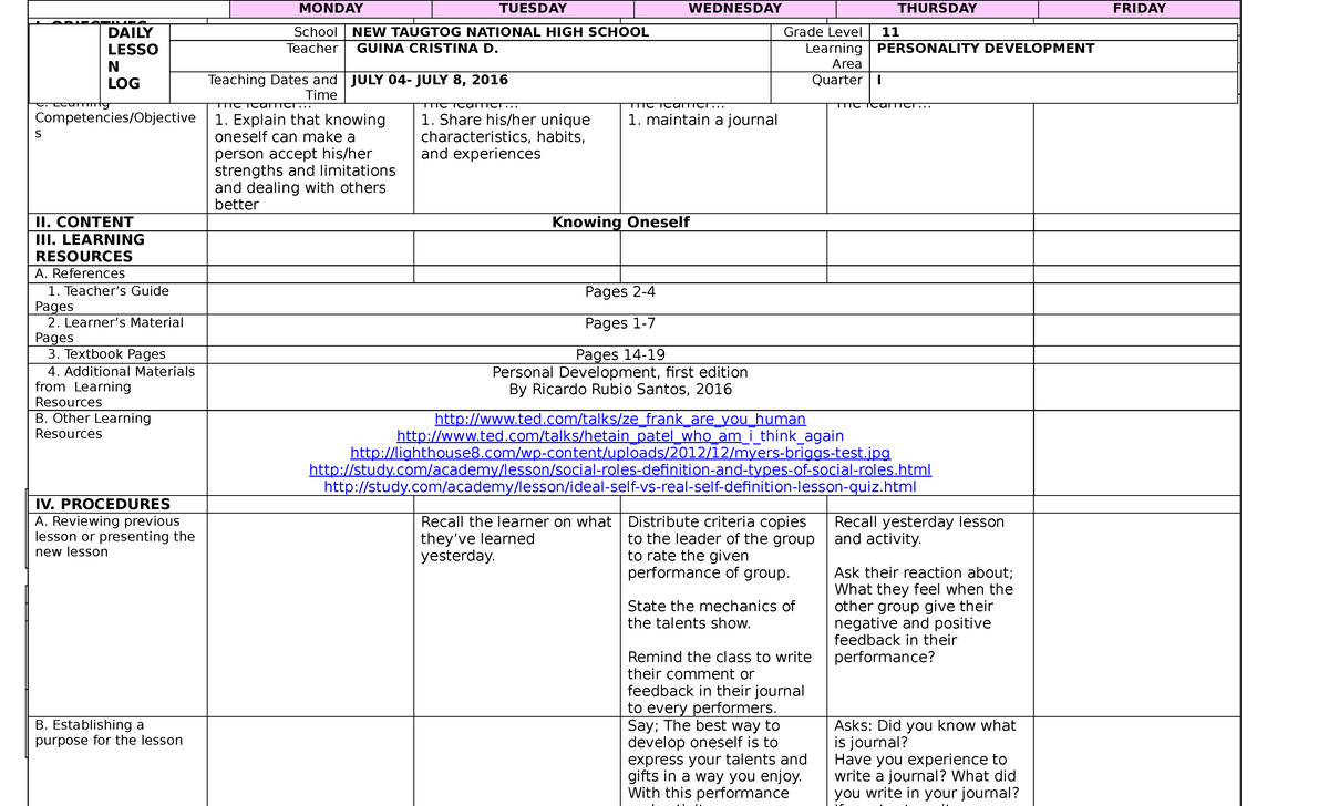 381838823 Personality Development Lesson Log & Daily Activities - Studocu
