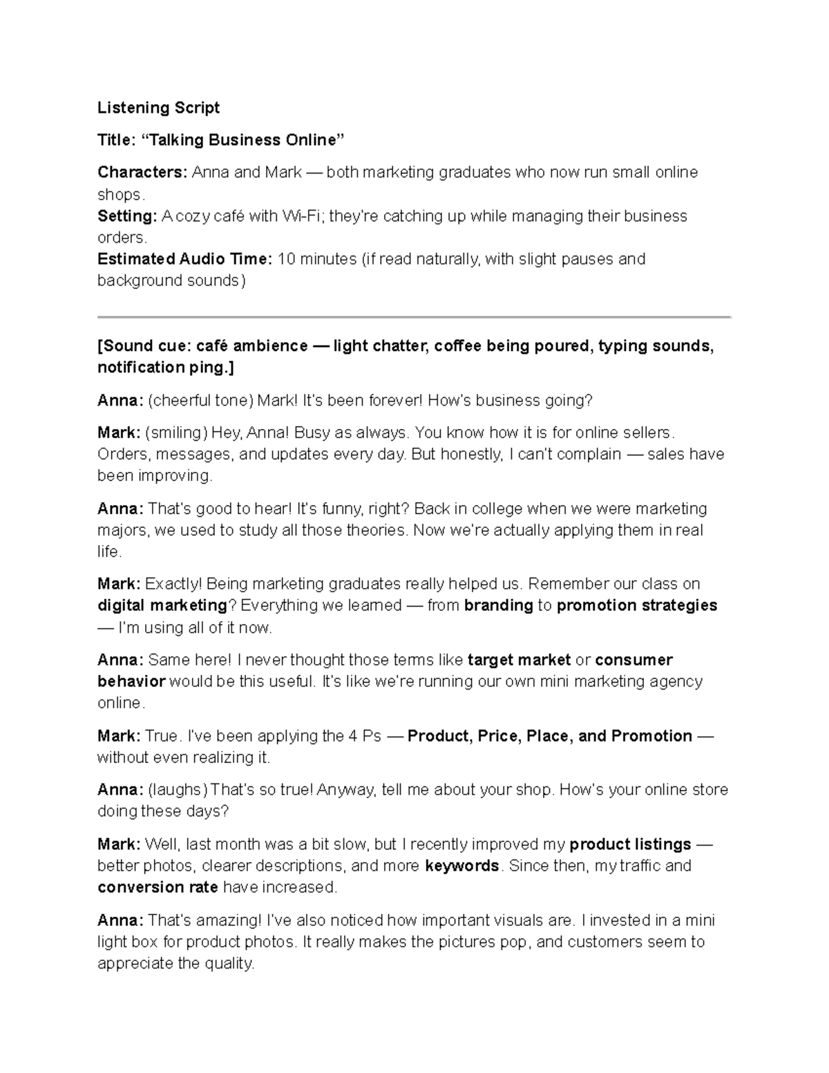 Listening Script: Marketing Project - Anna & Mark's Café Chat - Studocu