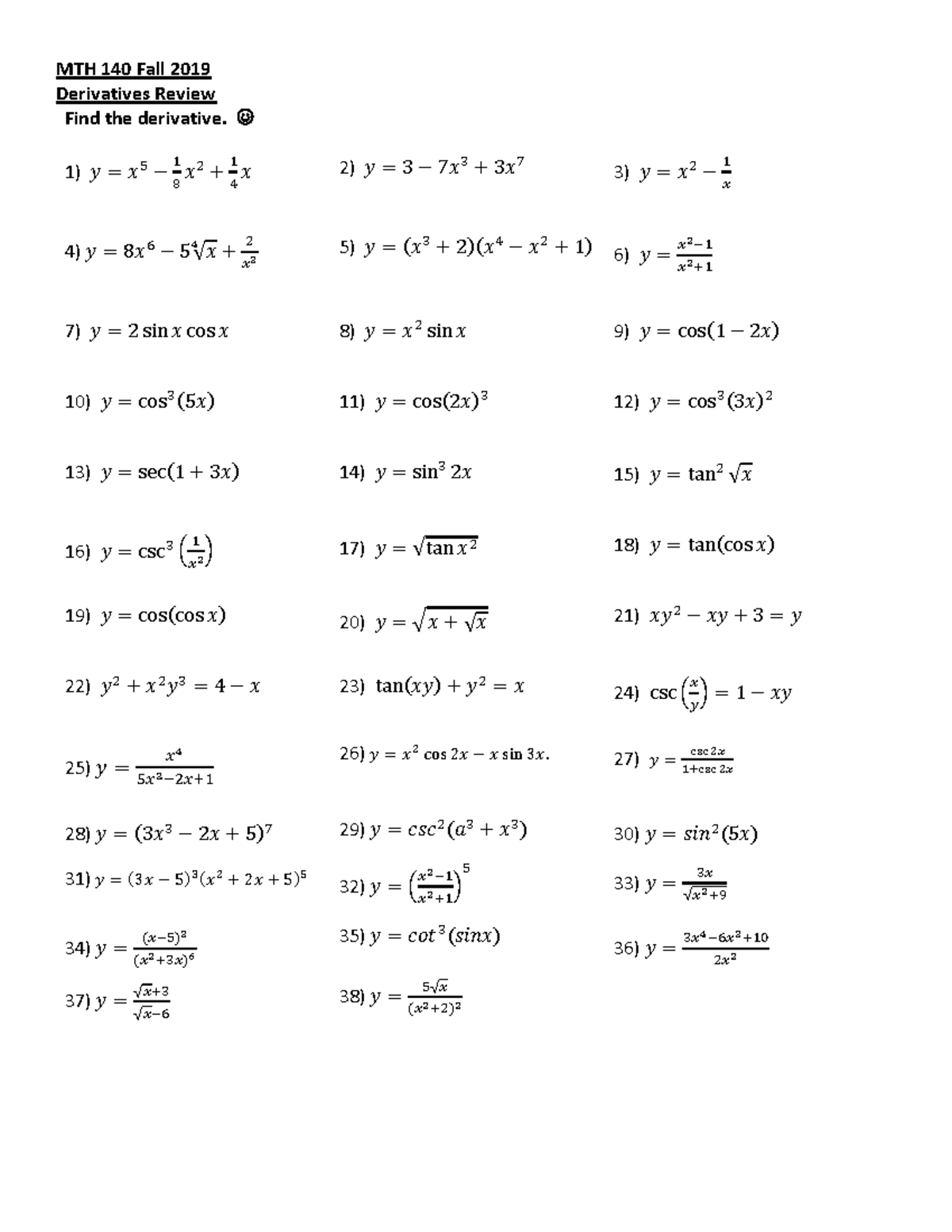 MTH 140 Fall 2019 Derivatives Review - Unit 4 Exercises - Studocu