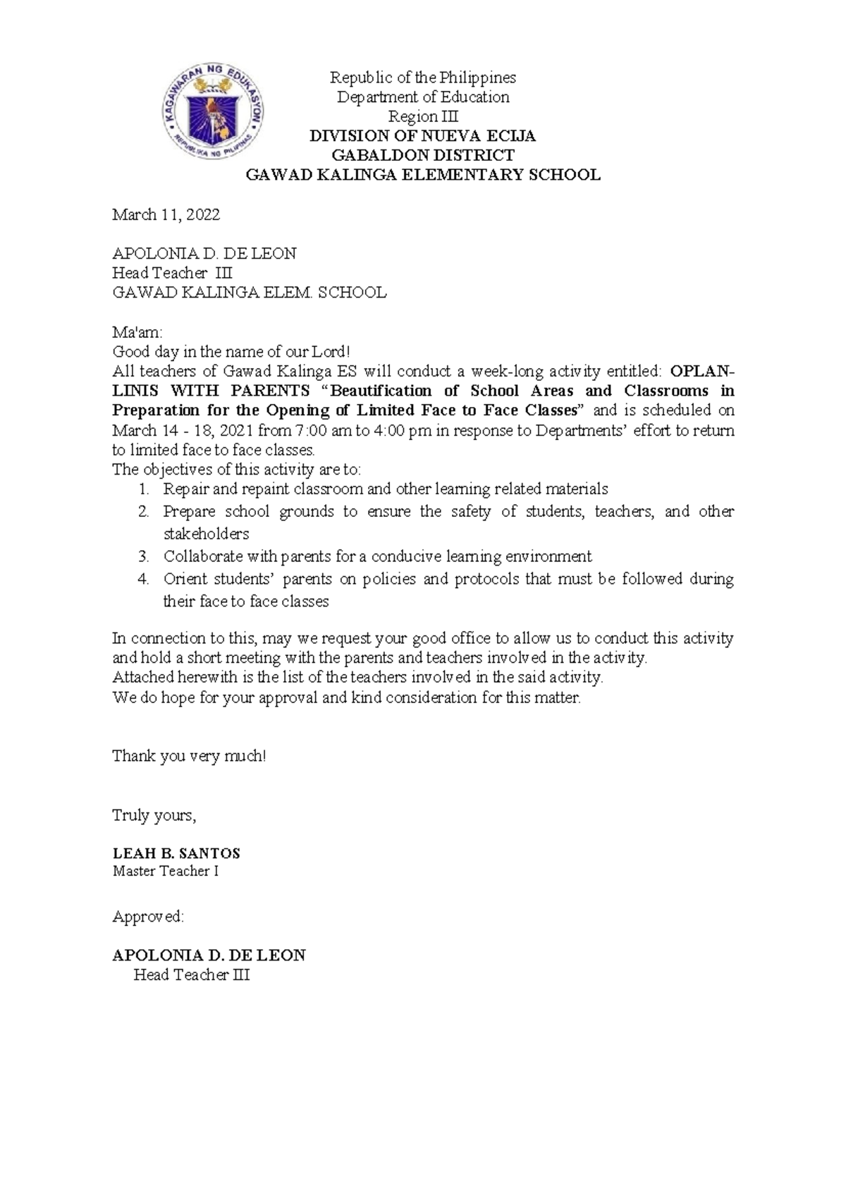 ACR OPLAN LINIS Activity with Parents - March 2022 - Studocu