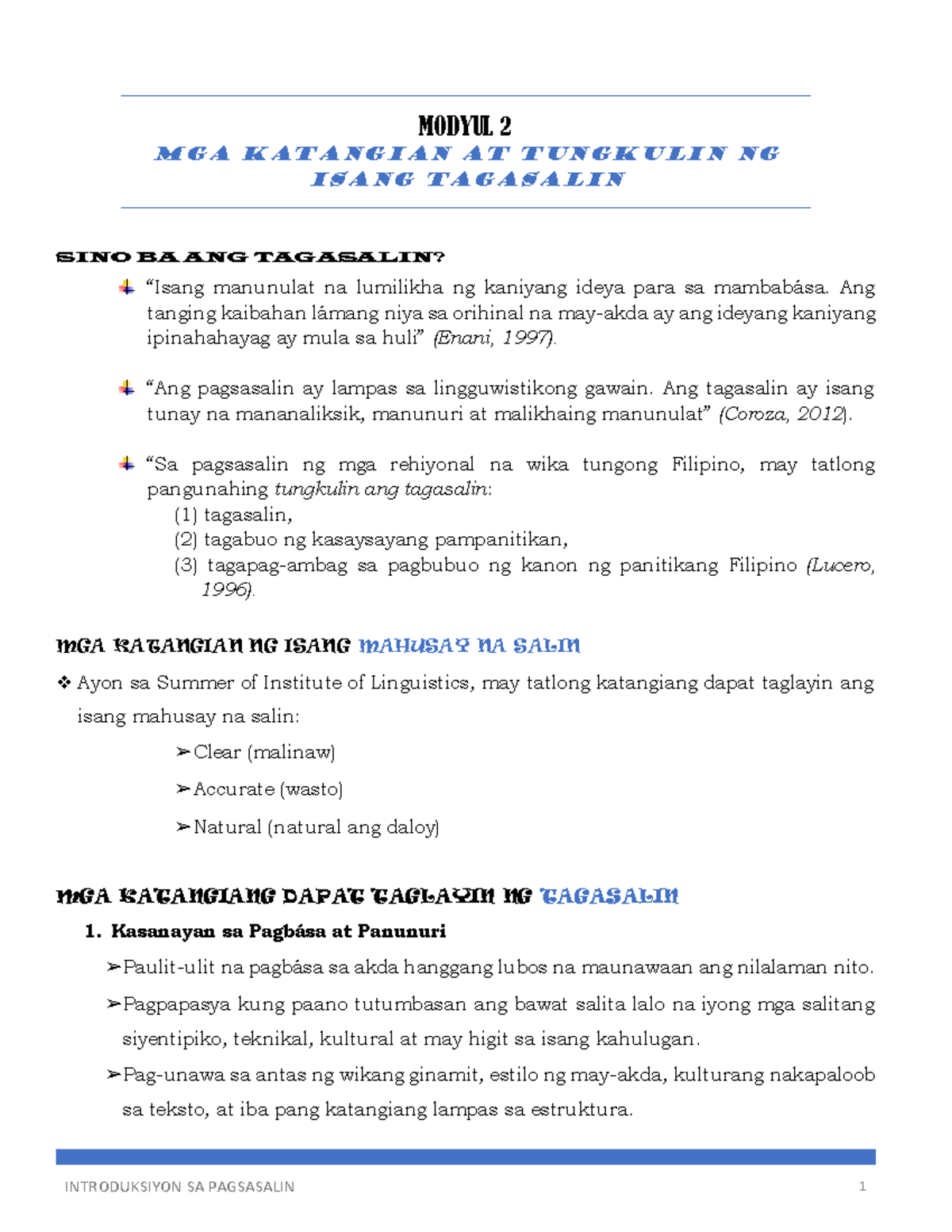 Modyul 2: Katangian at Tunguhin ng mga Tagasalin sa Malikhaing Pagsulat ...