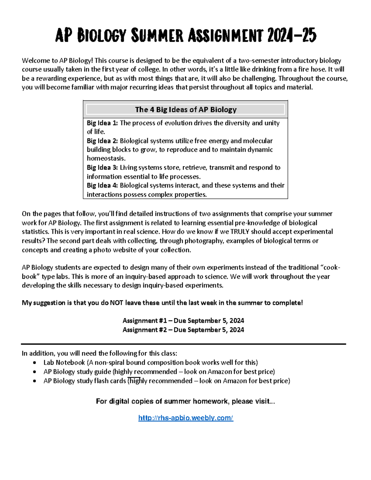 AP Biology Summer Assignment 2024: Intro & Key Concepts - Studocu