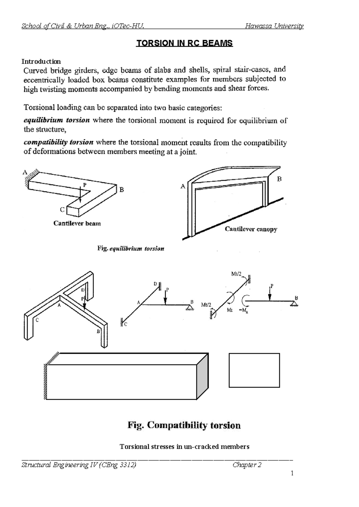 Structural Engineering IV (CEng 3312) Chapter 2: Torsion in RC Beams ...