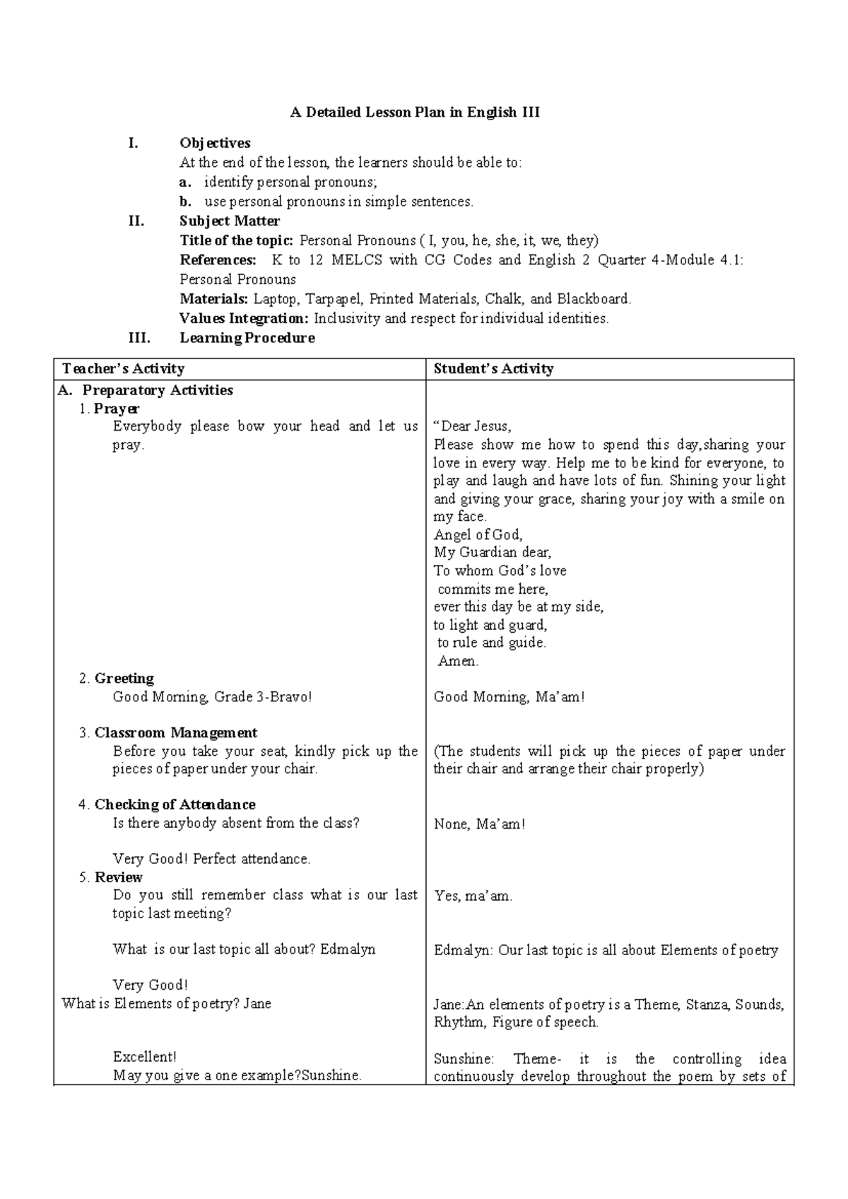 Detailed Lesson Plan on Personal Pronouns for English III - Studocu