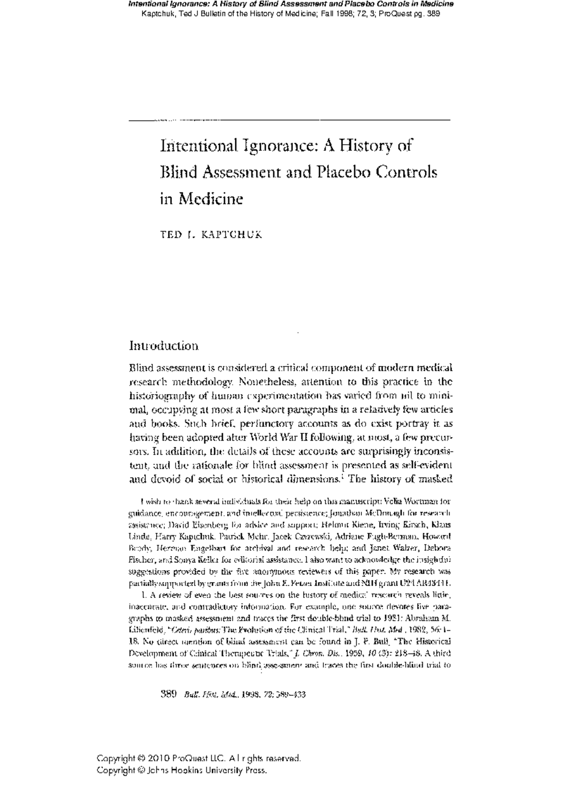 KAPTCHUK: Intentional Ignorance in Blind Assessment & Placebo Controls ...