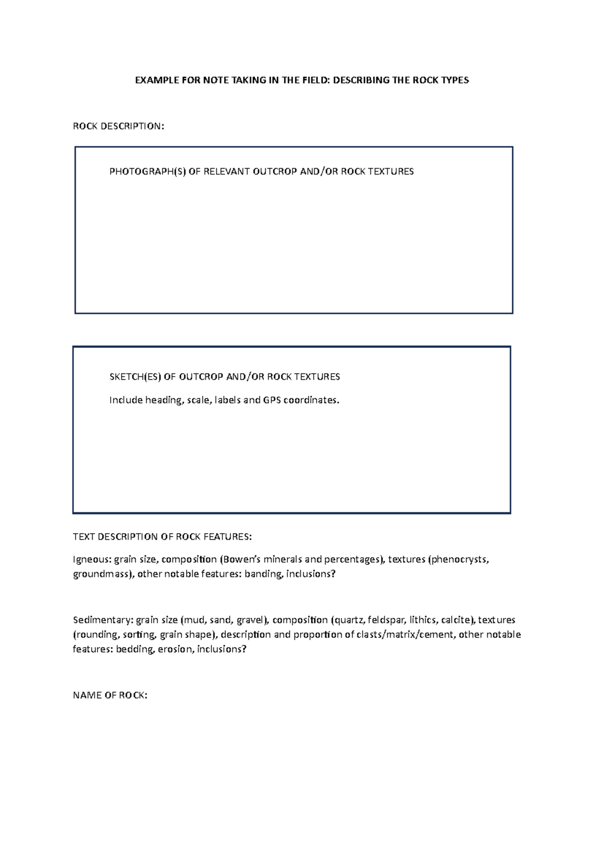 ERB110 Field Note Taking Template: Rock Types & Descriptions - Studocu