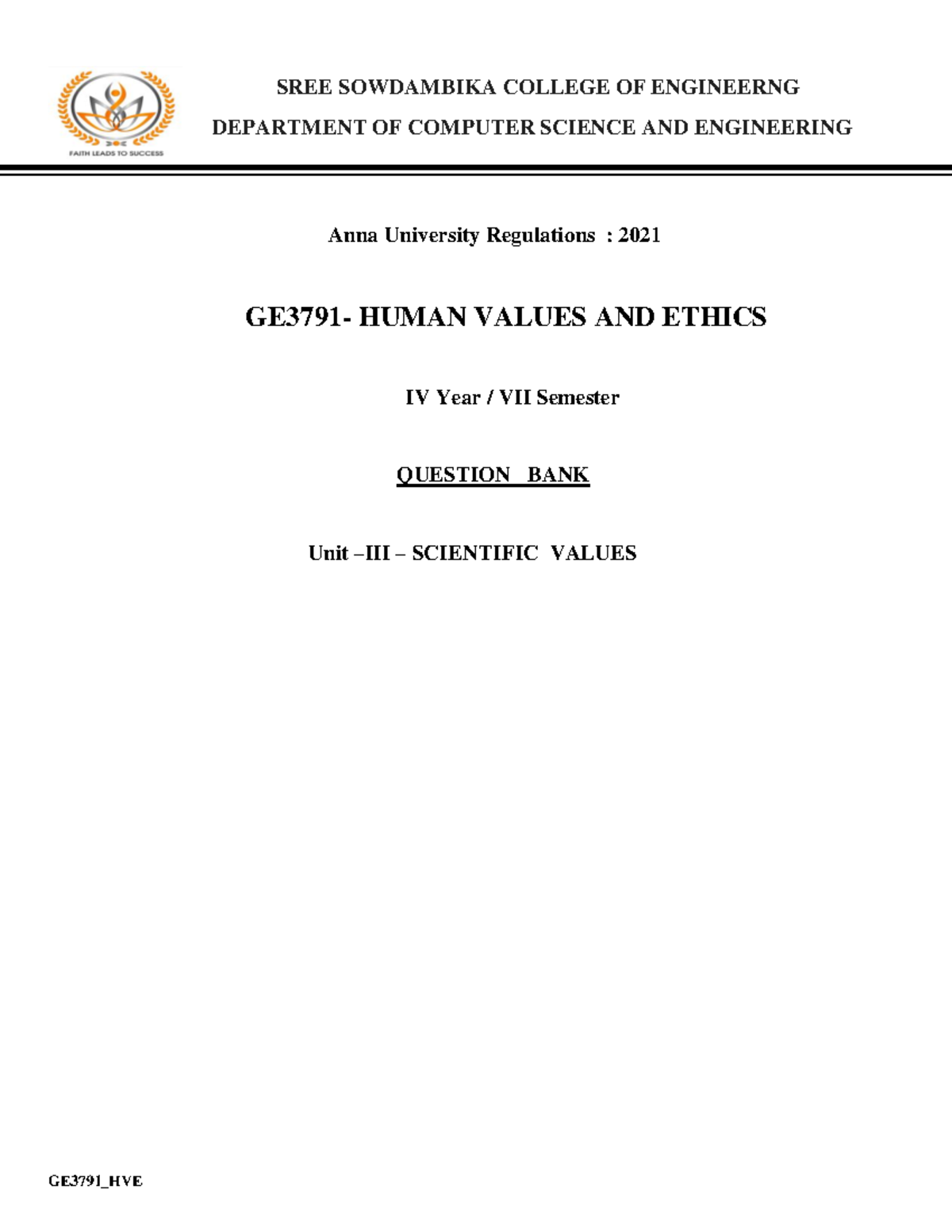 GE3791 HVE Question Bank: Scientific Values Unit 3 (2 Marks) - Studocu