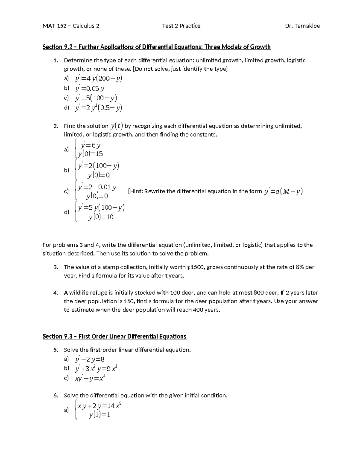 MAT 152 Calculus 2 Final Exam Prep: Differential Equations ...