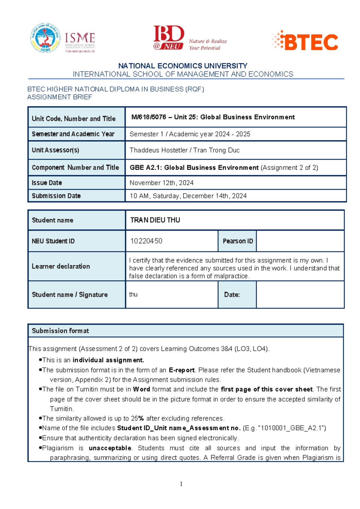 GBE A2.1 Assignment Brief: Global Business Environment Report 2024-25 - Studocu