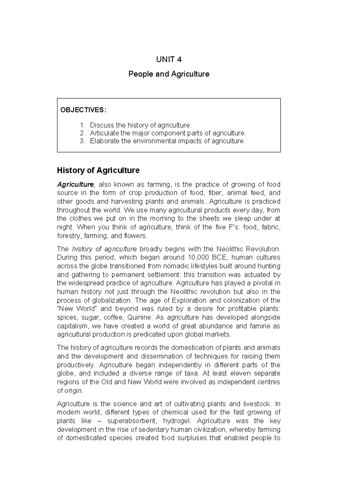 UNIT 4: People & Agriculture - History, Components, & Environmental ...