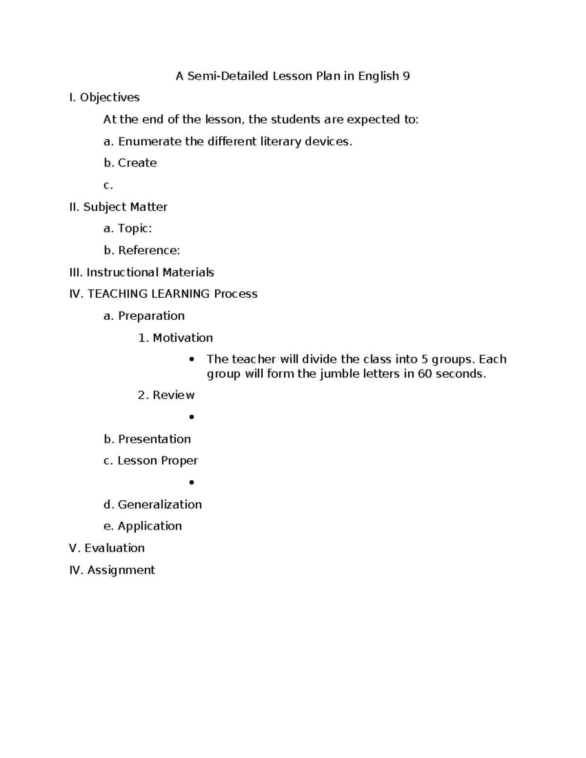 English 9 Lesson Plan: Literary Devices & Group Activity - Studocu