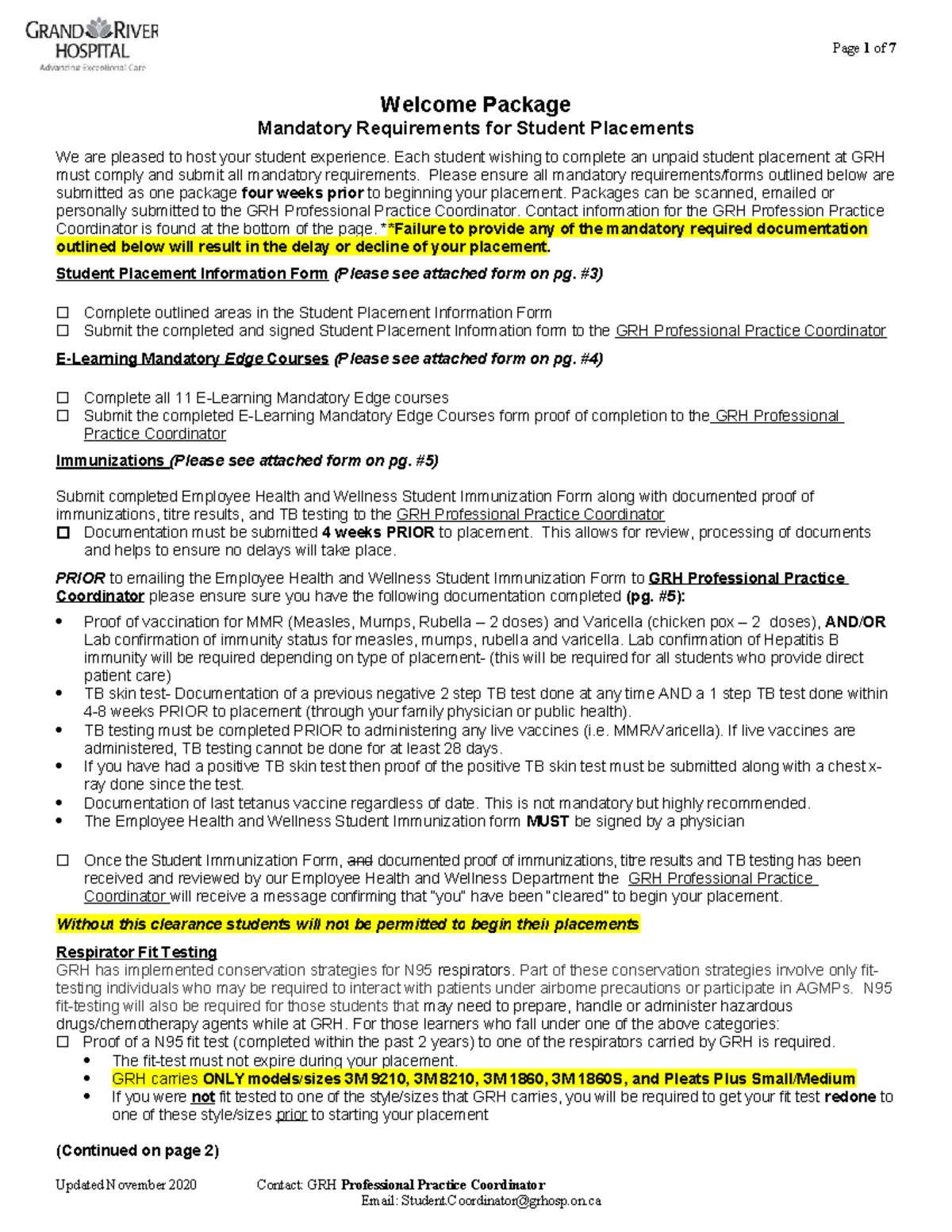 GRH Student Placement Welcome Package: Mandatory Requirements & Info ...