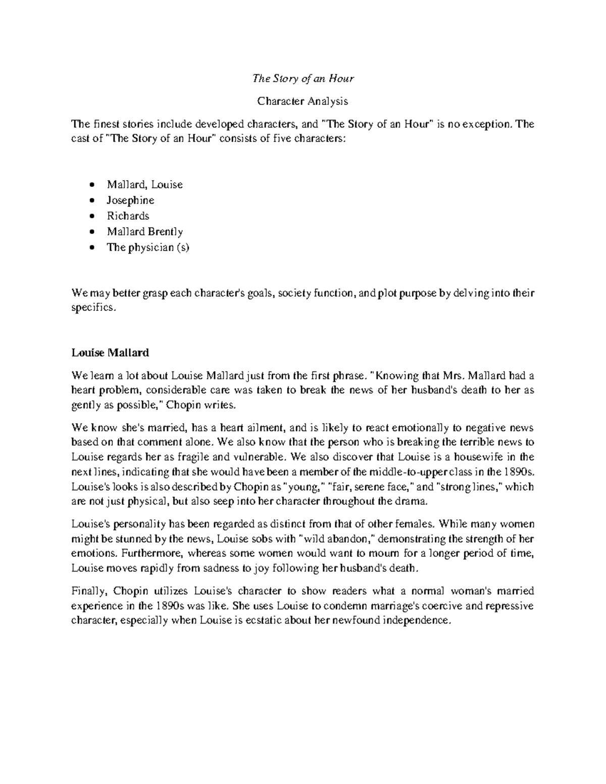 The Story of an Hour Character Analysis - The Story of an Hour ...