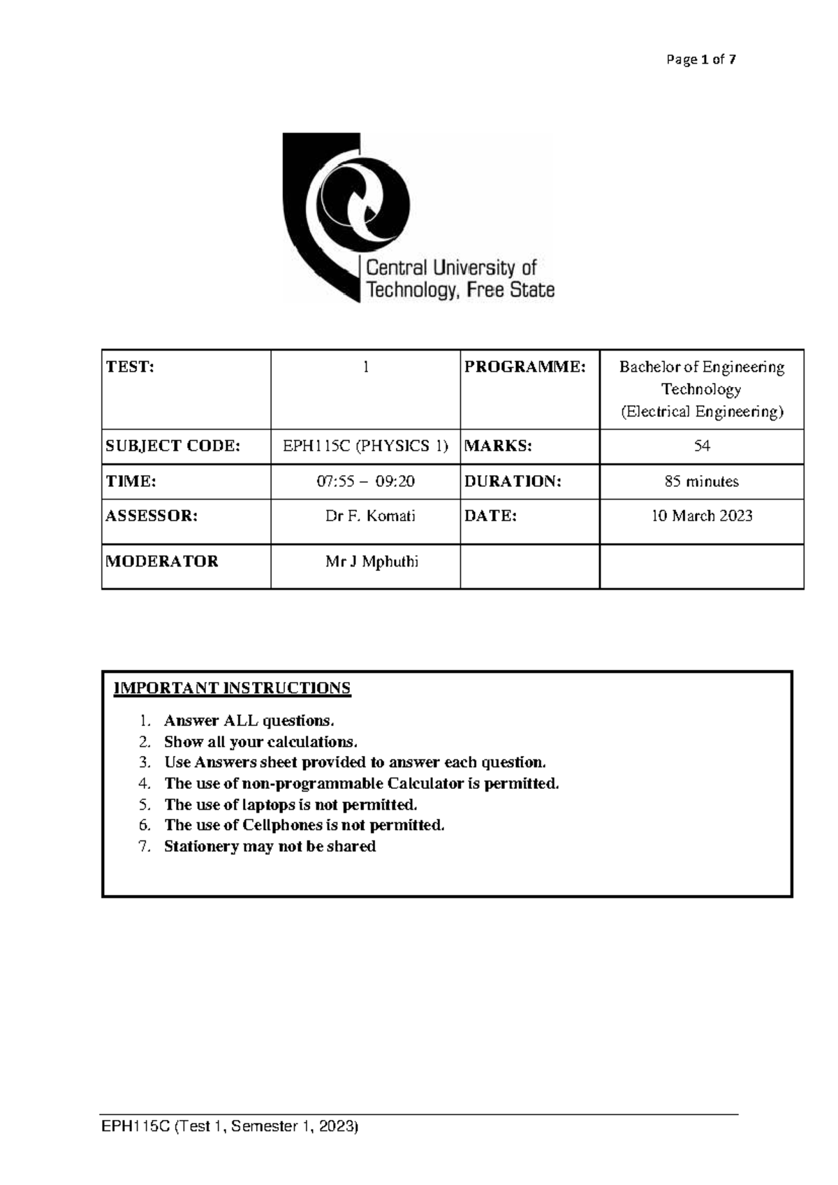 EPH115C Physics 1 Test 1 - Semester 1, 2023 Exam Paper - Studocu