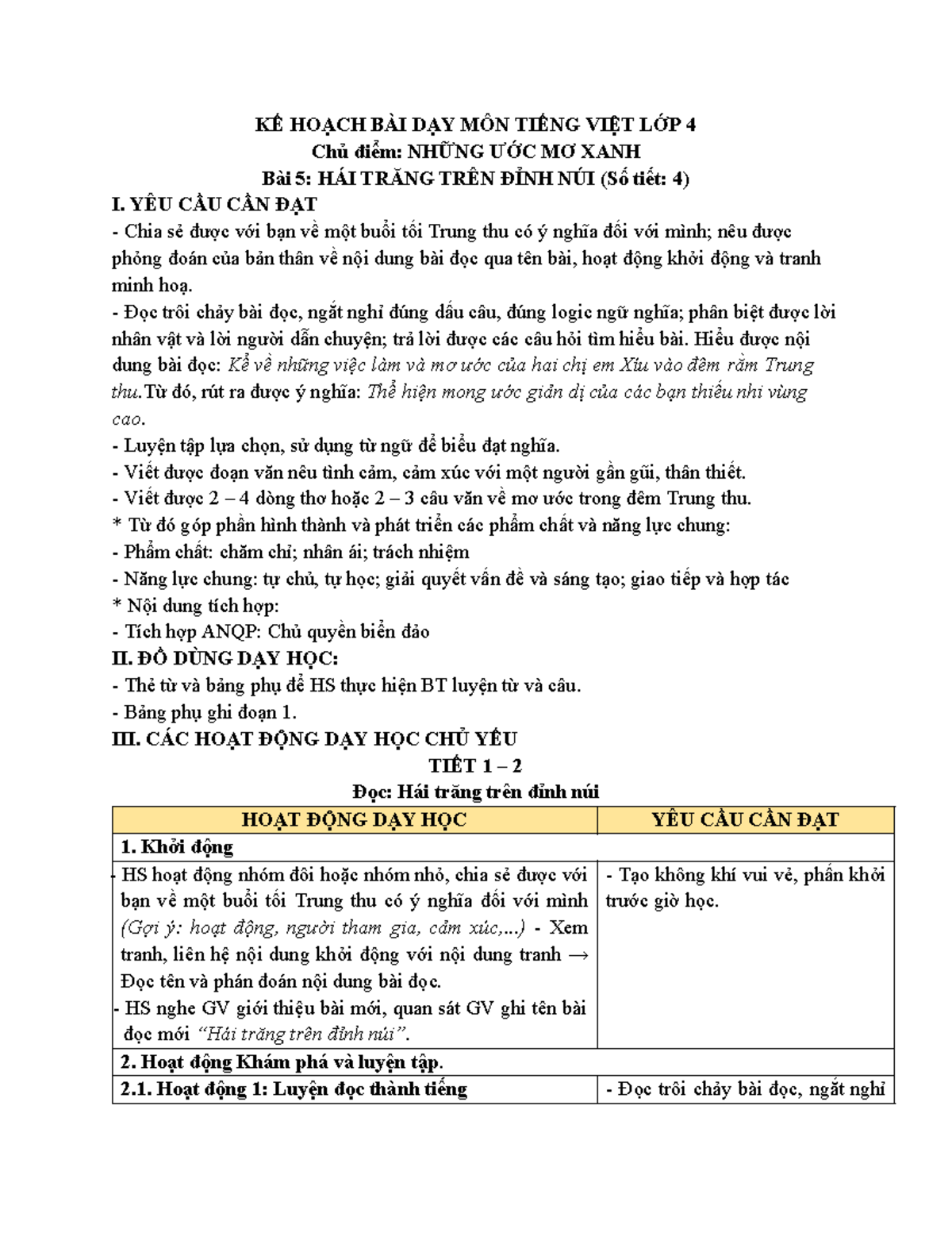 KẾ HOẠCH BÀI DẠY MÔN TIẾNG VIỆT LỚP 4: HÁI TRĂNG TRÊN ĐỈNH NÚI - Studocu