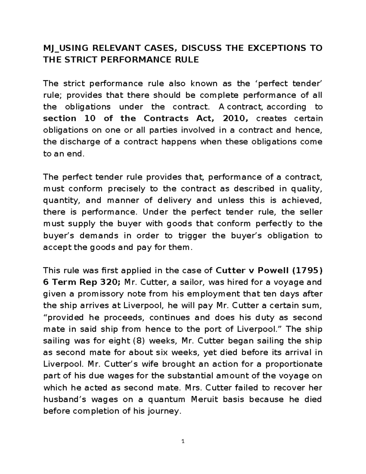 Exceptions to Strict Performance Rule in Contract Law: An Analysis ...