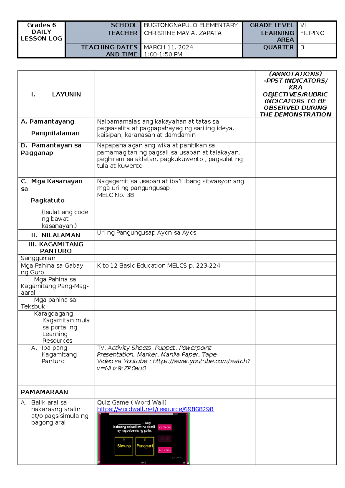 COT 3 SY 23-24-DLP-FIL 6 - Grades 6 DAILY LESSON LOG SCHOOL ...