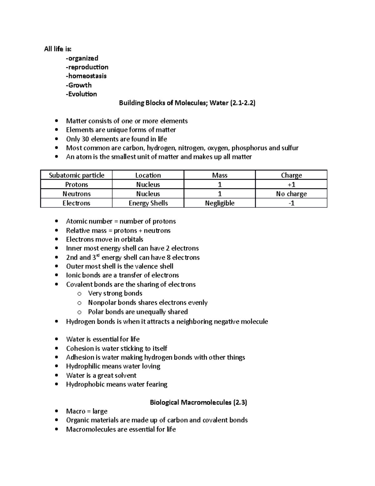 Bio Lecture 1: Fundamentals of Life, Cells, and Biological Molecules ...