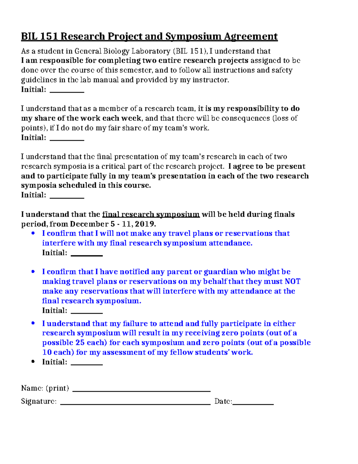 BIL 151 Research Project & Symposium Agreement Form - Studocu