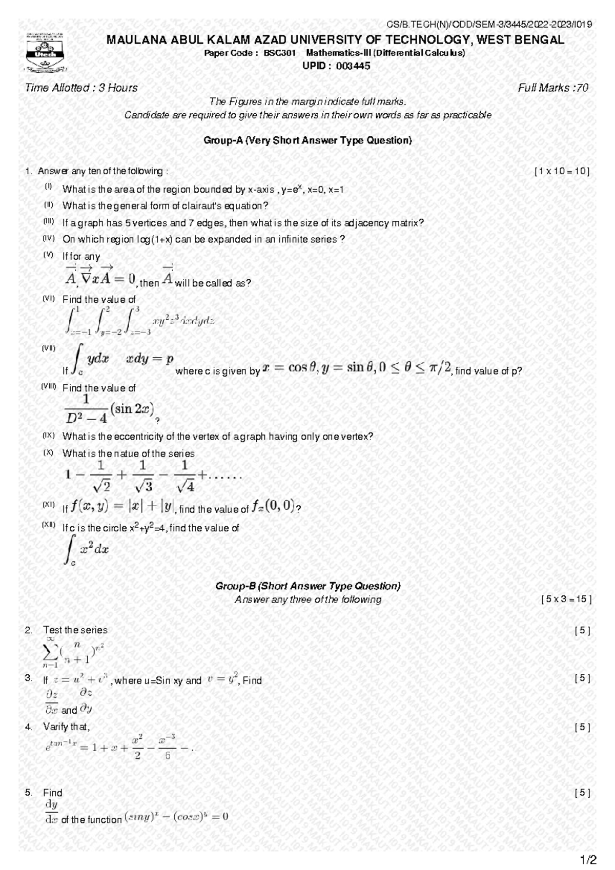 BSC301 Differential Calculus Exam Paper - BTech IT 3rd Sem 2023 - Studocu