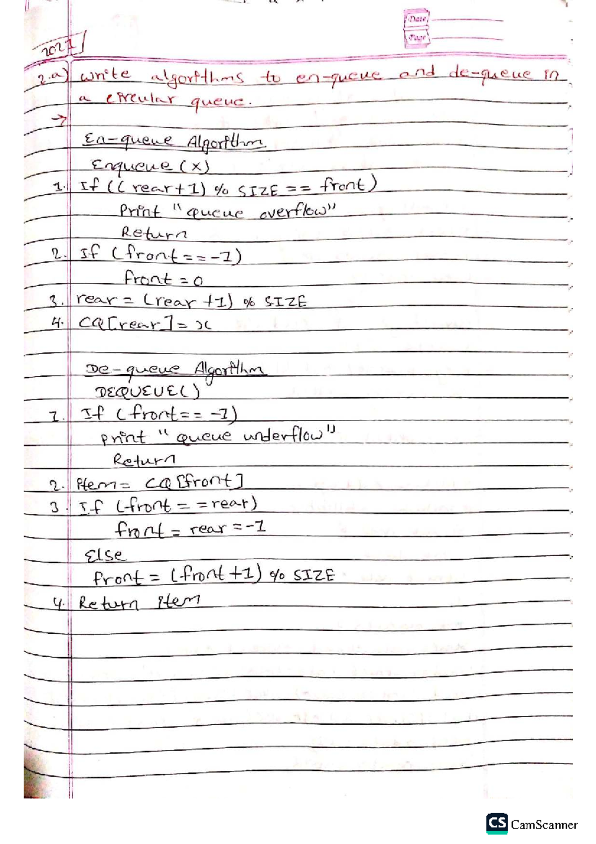 DSA CS 2027: Circular Queue and Linked List Algorithms Solutions - Studocu
