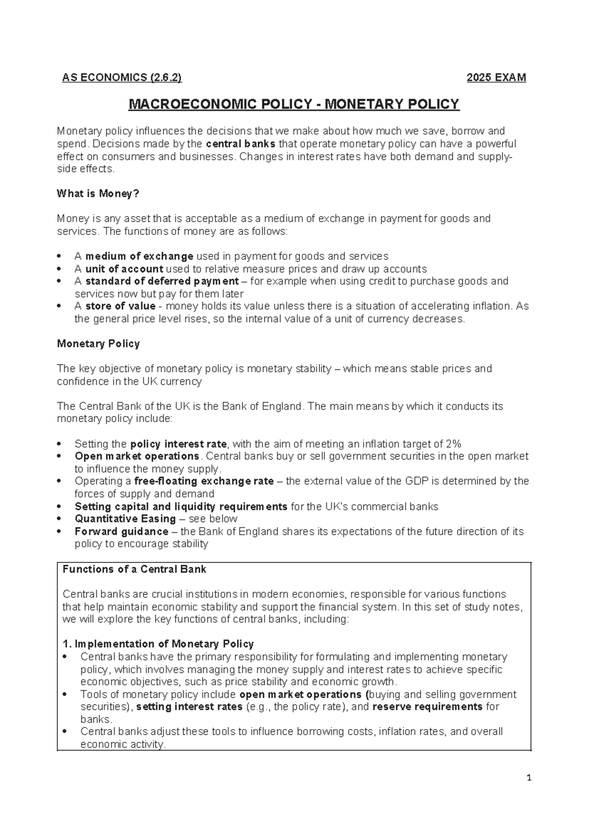 AS ECONOMICS (2.6.2) 2025 FINAL EXAM MACROECONOMIC & MONETARY POLICY ...