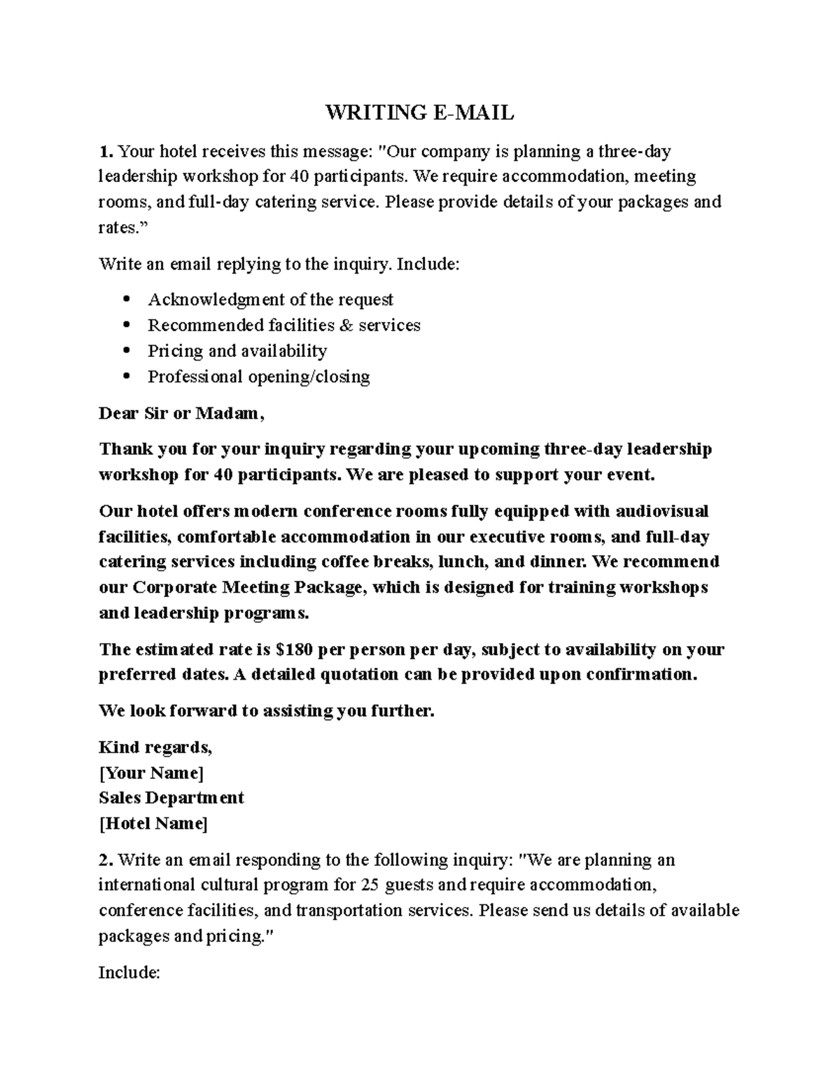 Writing Emails for Hotel Inquiries and Responses - Studocu