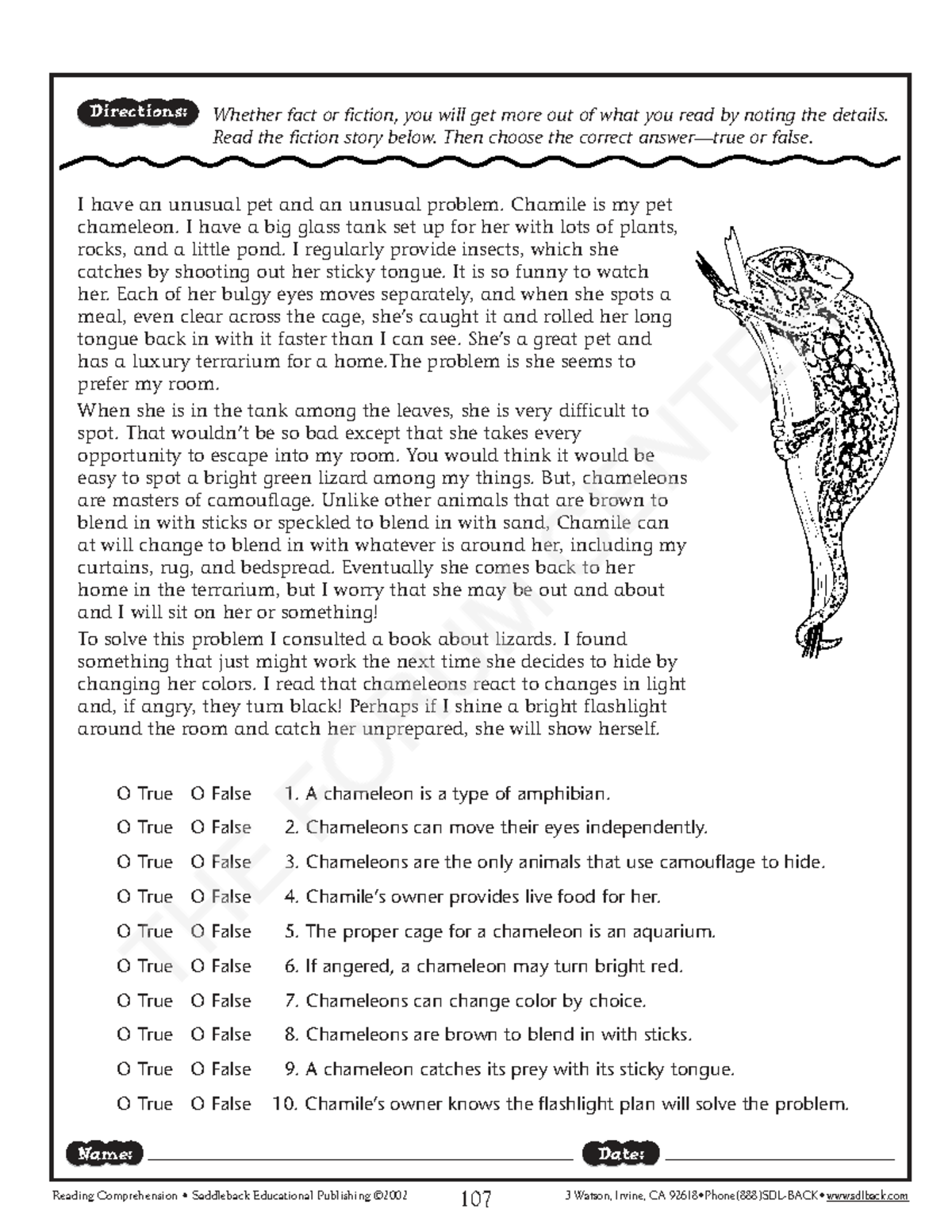 Basic Reading 23 - Comprehension Quiz on Chameleons - Studocu
