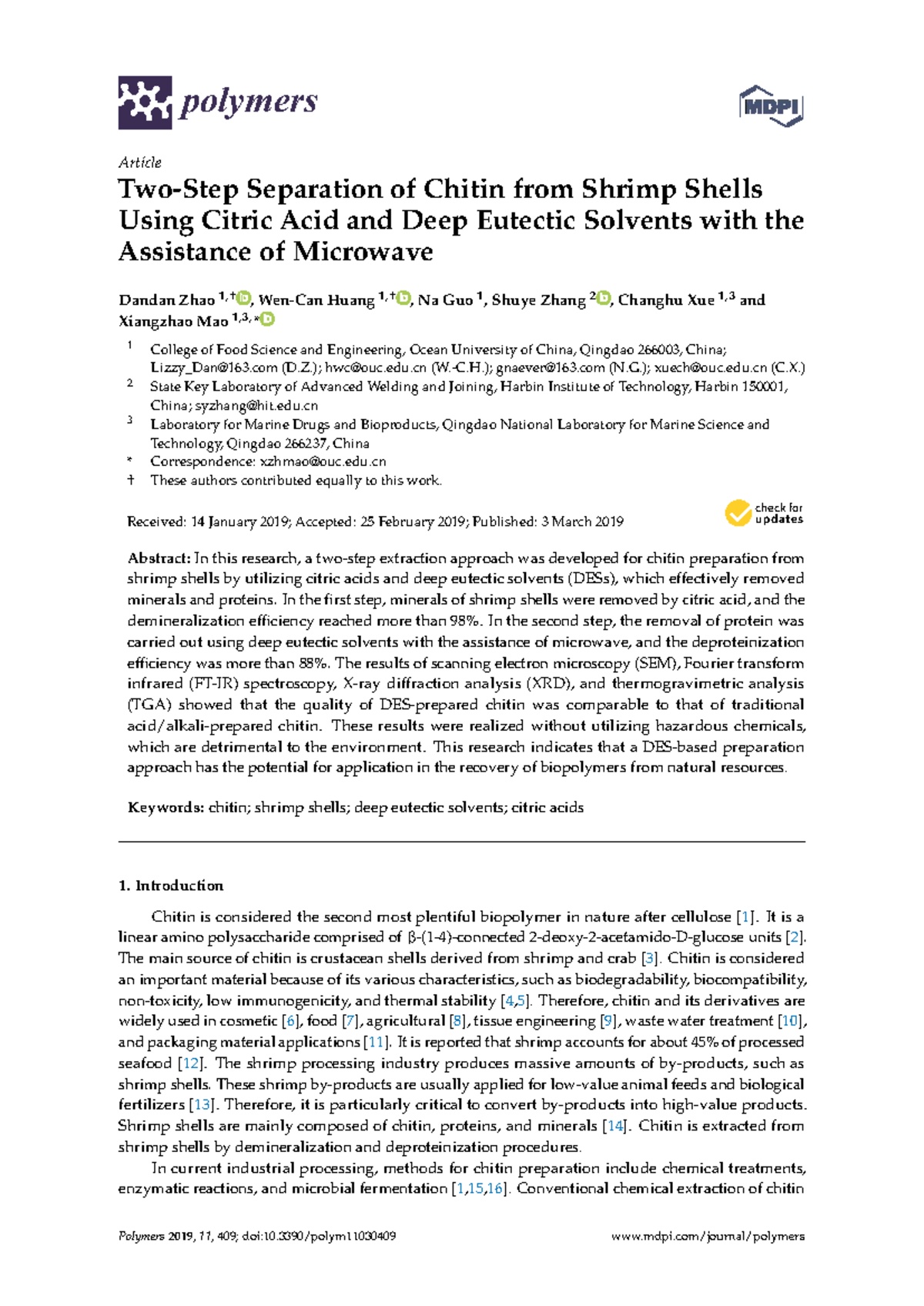 Polymers 11: Chitin Extraction from Shrimp Shells via DESs and ...