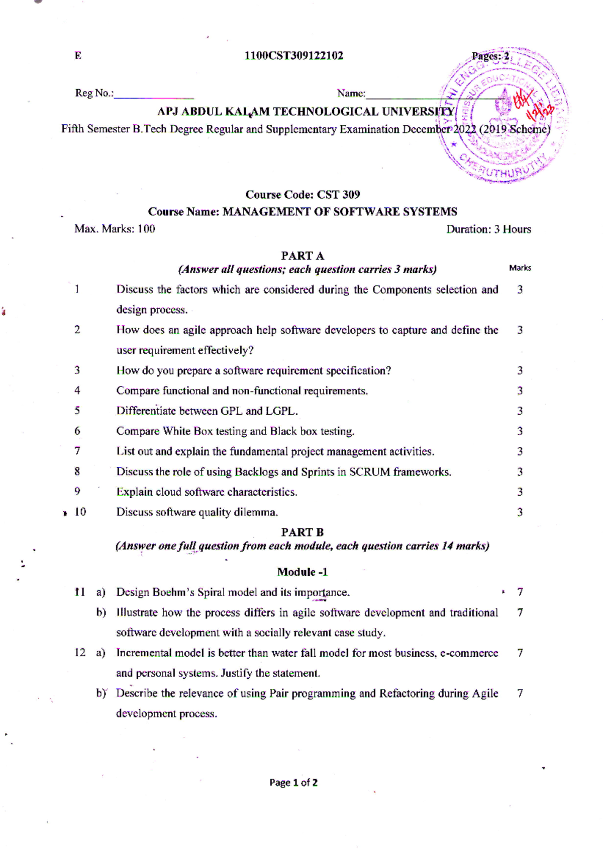 CST 309 Mangement OF Software Systems, Decemebr 2022 - E RegNo ...