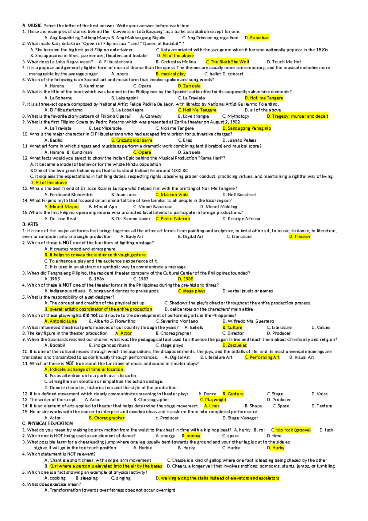 4th MAPEH Quarterly Exam G10 Reviewer: Music, Arts, PE, Health - Studocu
