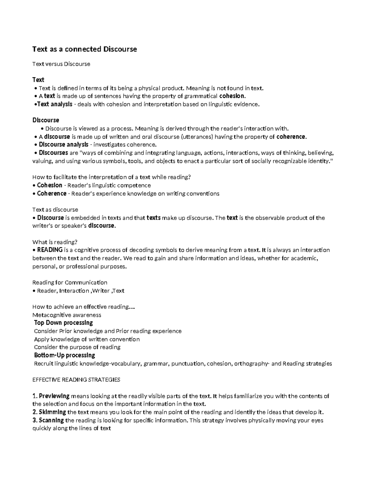 Reading and writing reviewer - Text as a connected Discourse Text versus Discourse Text - Text ...