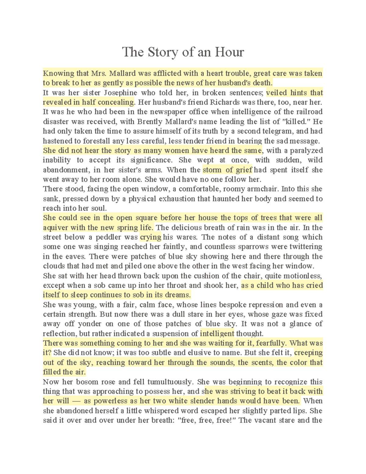 The Story of an Hour - essay - The Story of an Hour Knowing that Mrs ...