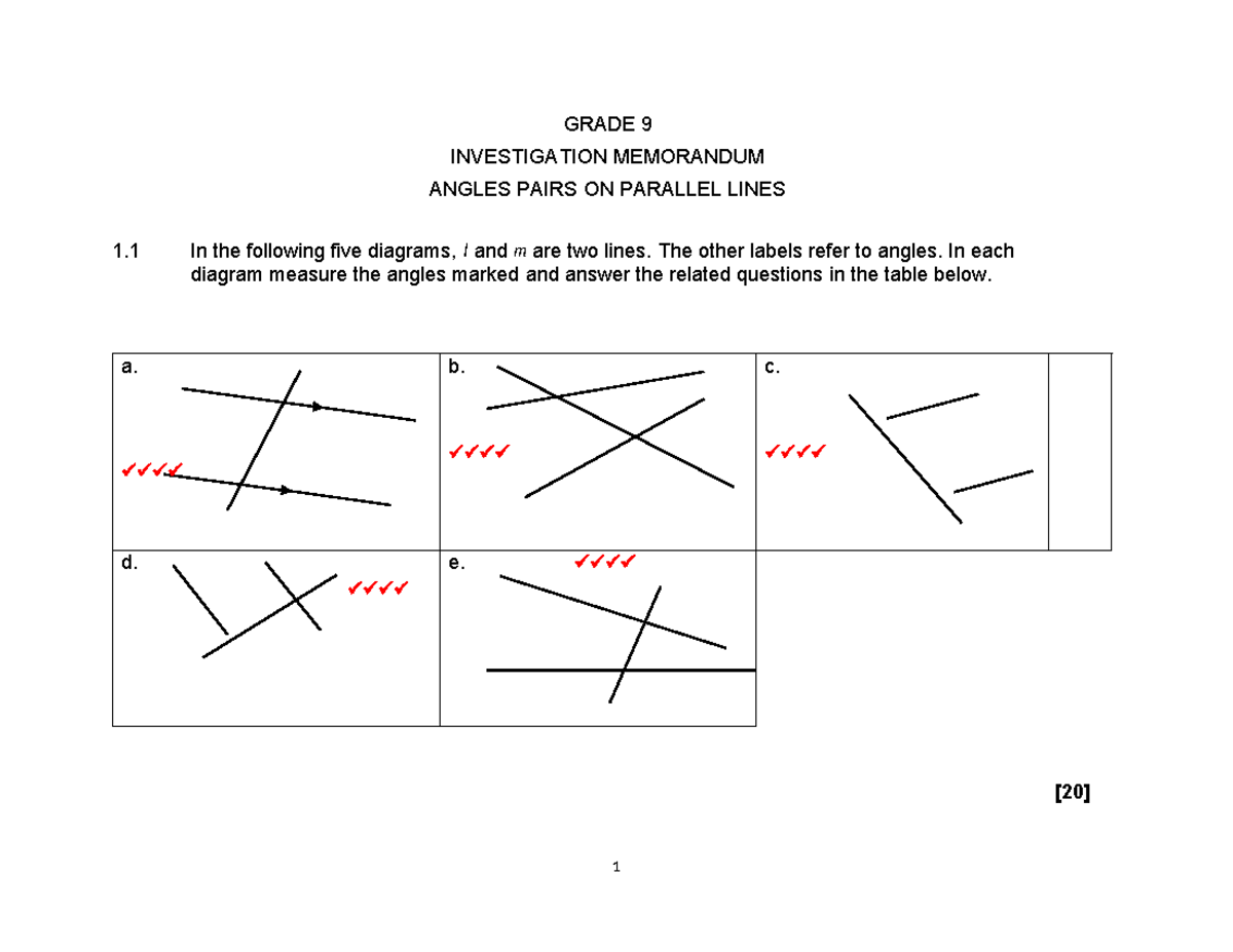 FS Grade 9 Mathematics Investigation Memo: Angles on Parallel Lines ...