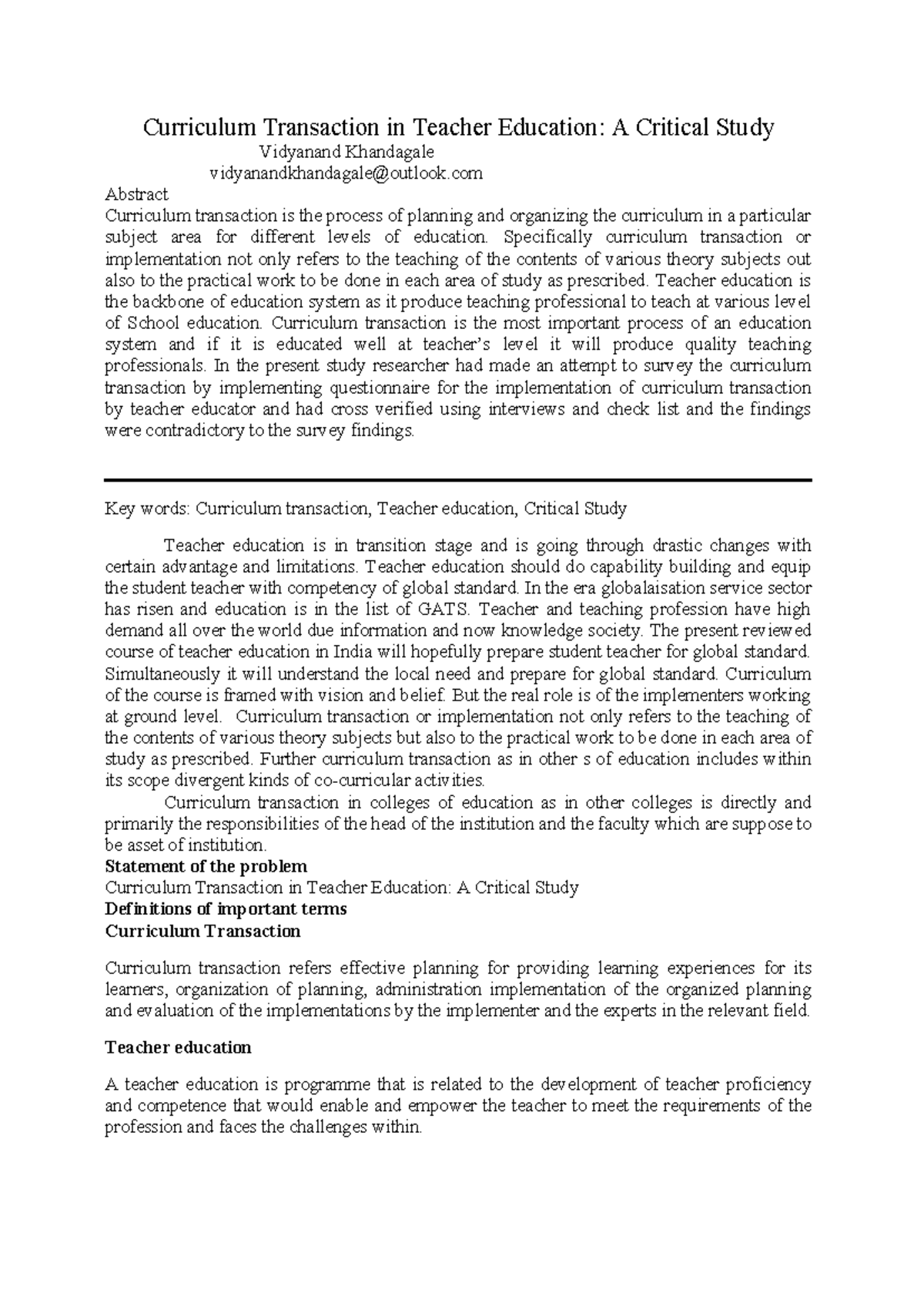 Curriculum Transaction in Teacher Education: A Critical Study (TCE ...