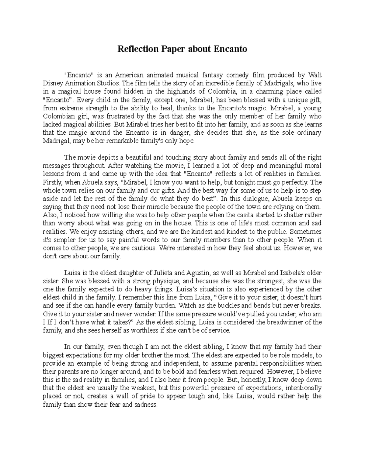 Encanto Reflection Paper: Familial Expectations & Truths - Studocu
