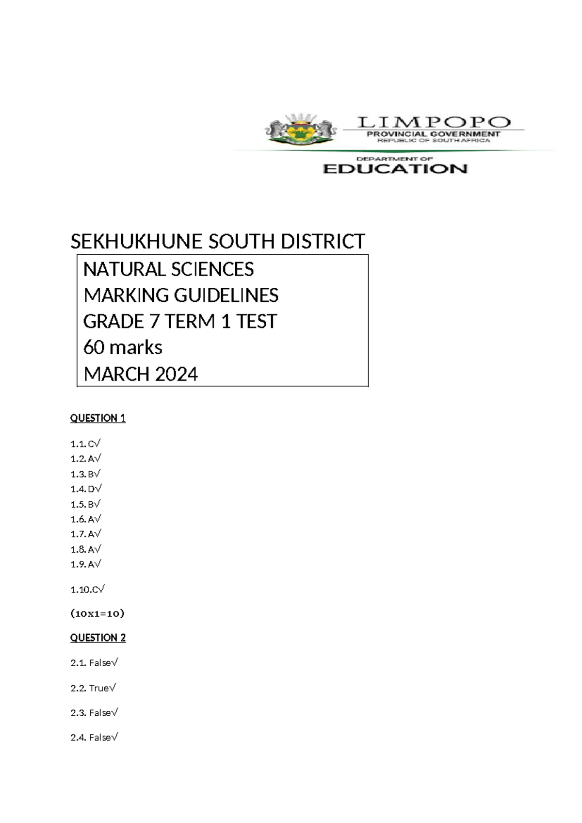 NS Grade 7 Term 1 Test March 2024 Marking Guidelines - Studocu