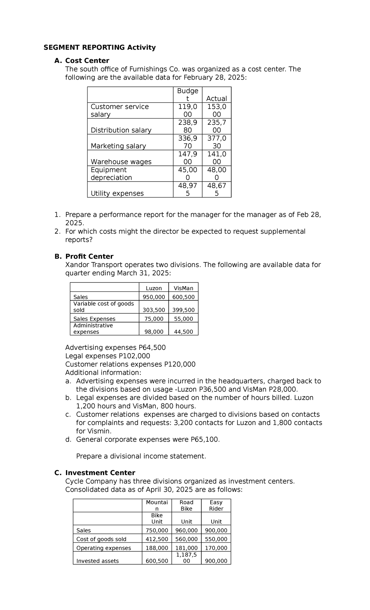 Segment Reporting Assignment: Performance Reports & Financial Analysis - Studocu