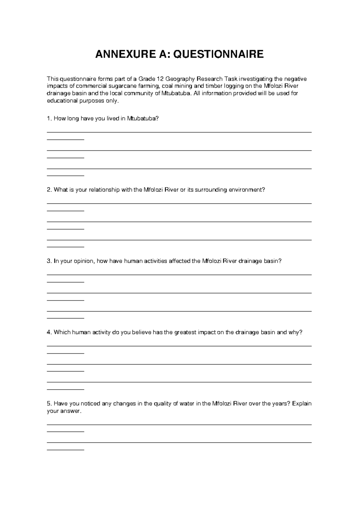 Grade 12 Geography Research Task: Mfolozi River Questionnaire - Studocu