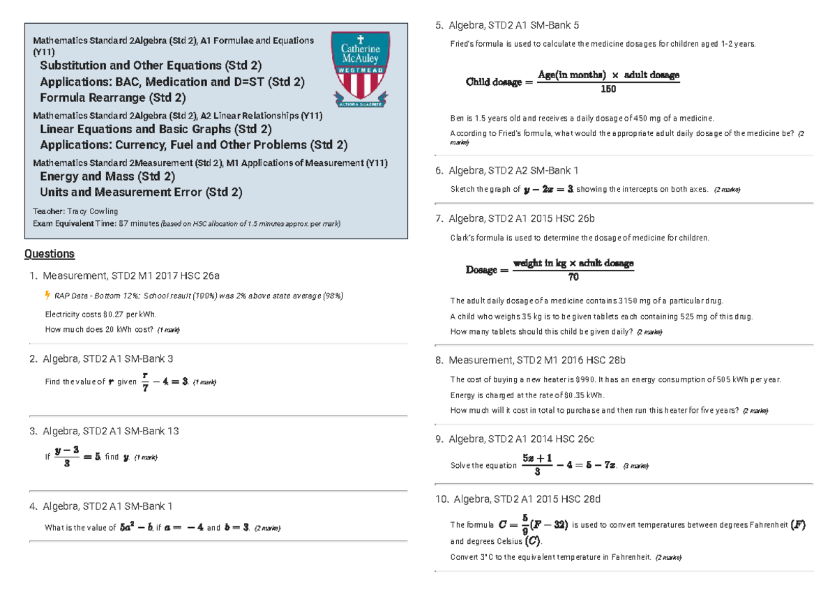 Algebra & Measurement Revision Notes for STD2 A1 & A2 Assessments - Studocu