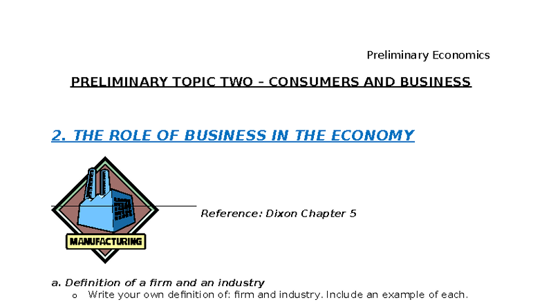 Preliminary Economics Worksheet: Consumers & Business Role in Economy ...