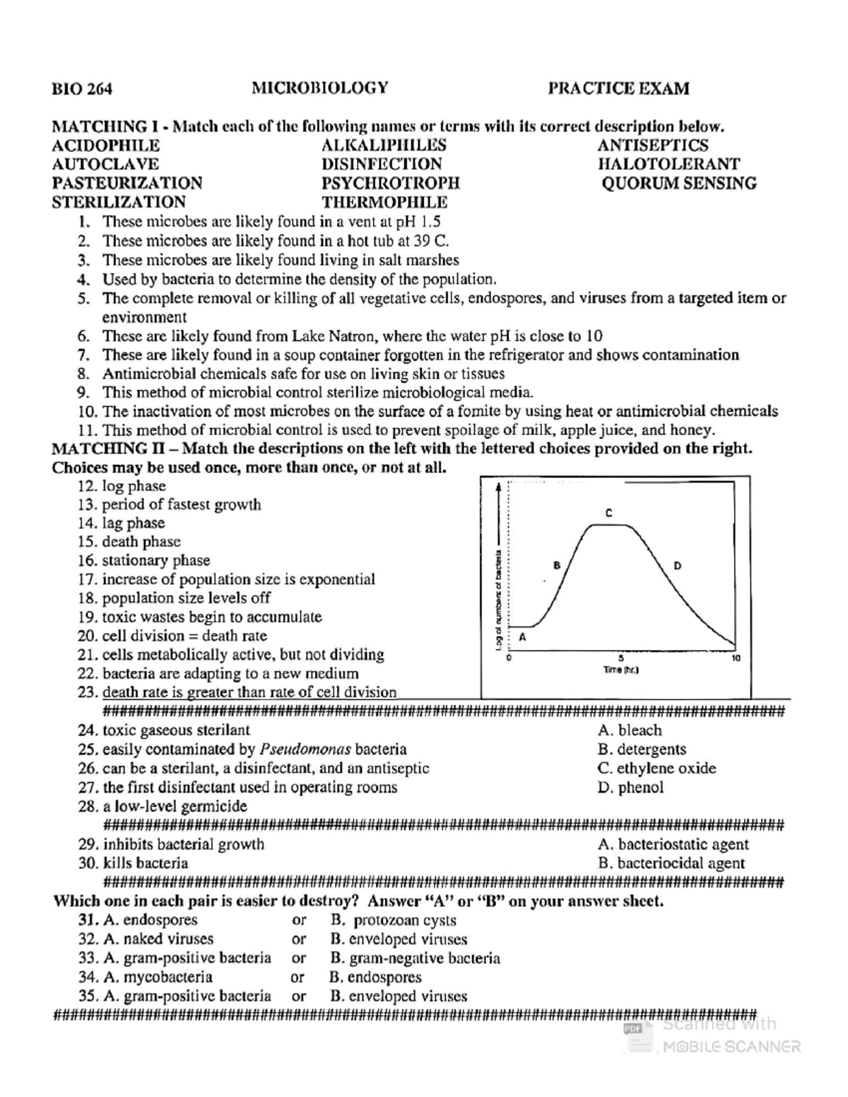 BIO 264 MICROBIOLOGY PRACTICE EXAM MATCHING I & II - Studocu