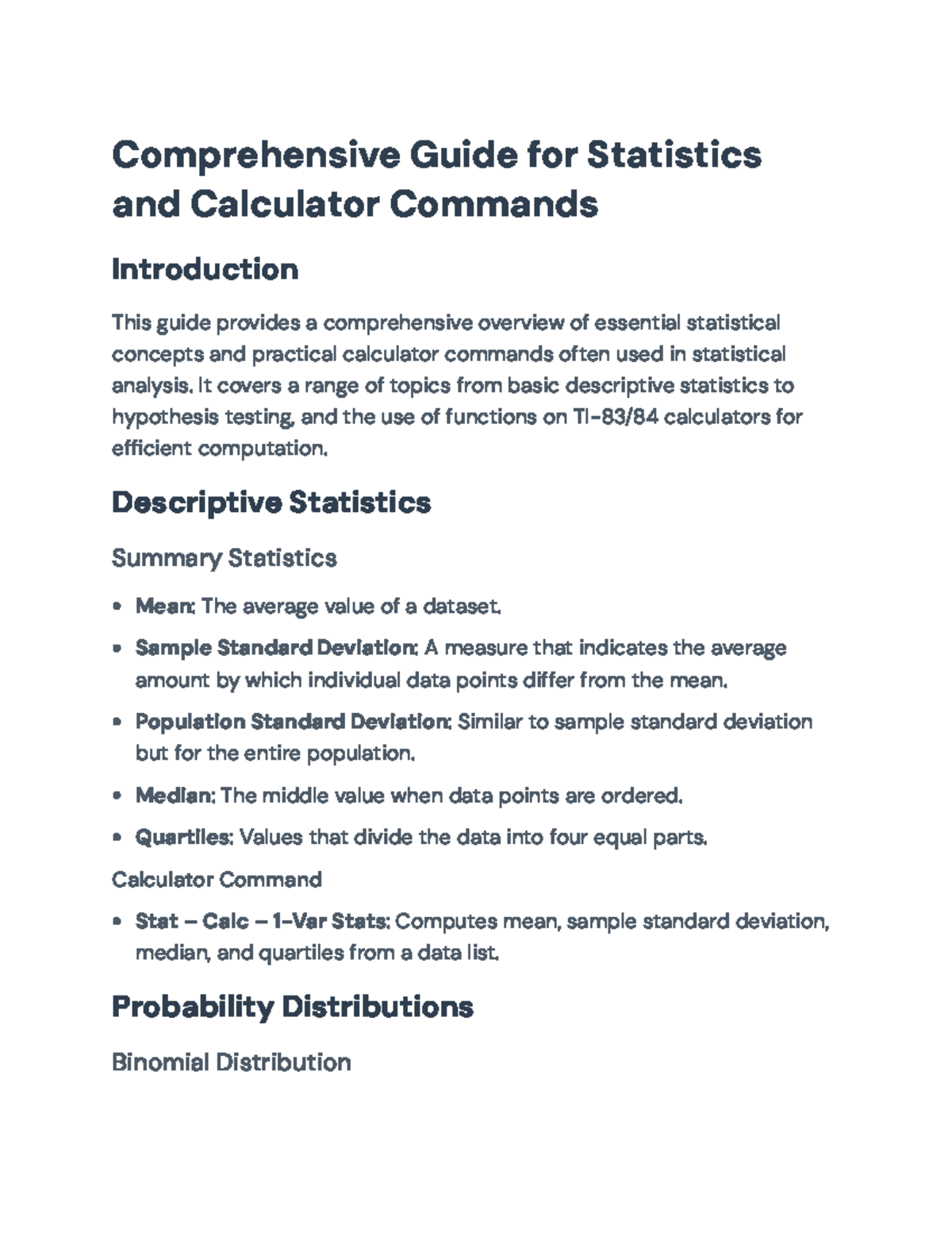 Comprehensive Statistics Guide & TI-83/84 Calculator Commands ...