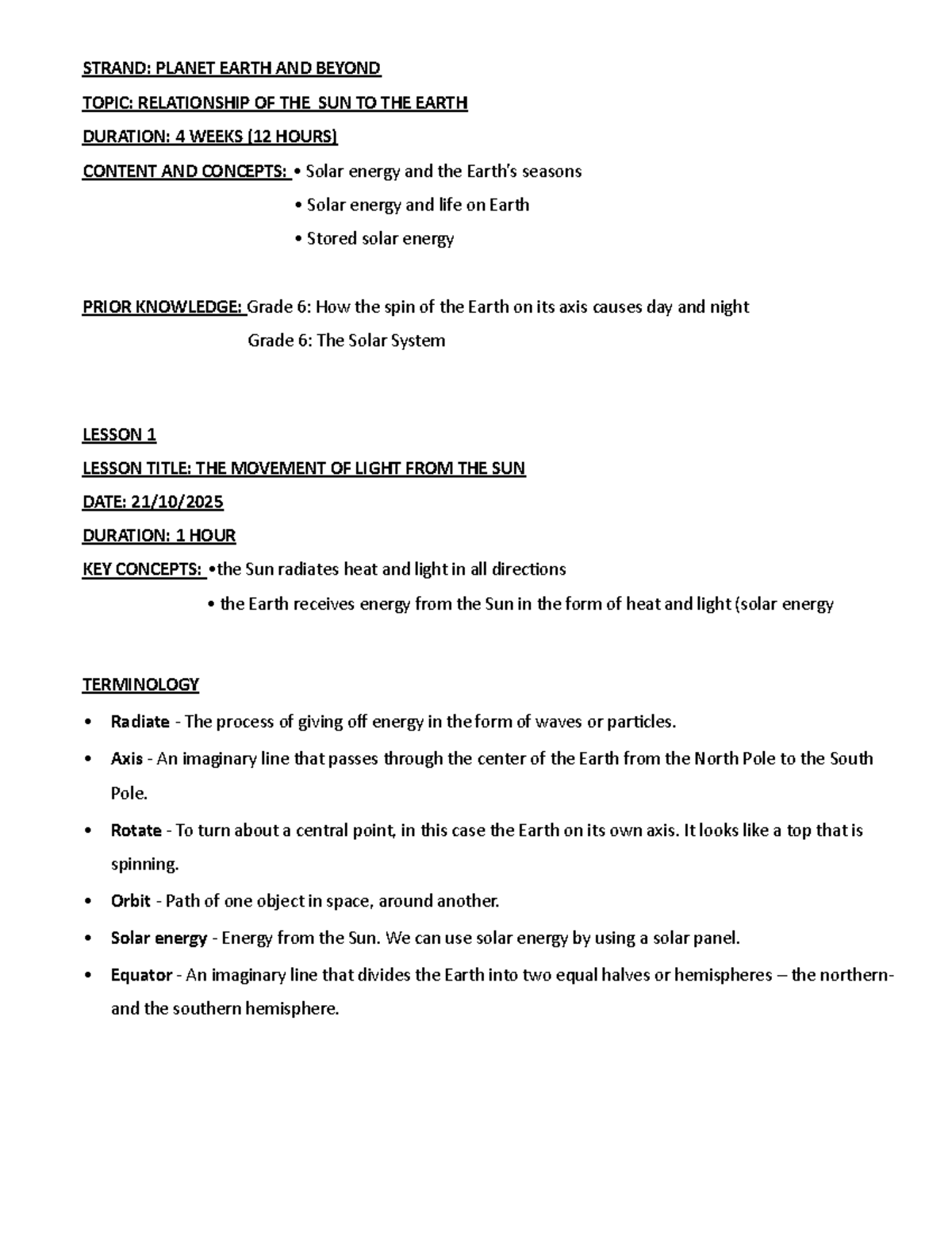 GR7 NS TERM 4 WEEK 1 - Sun-Earth Relationship Lesson Prep - Studocu