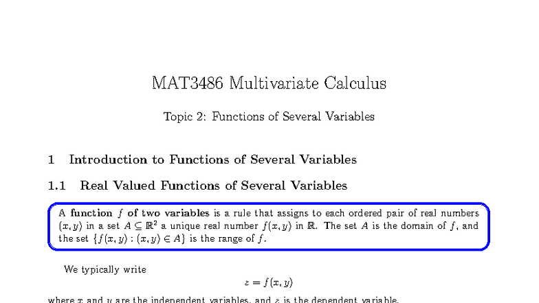 MAT3486 Multivariate Calculus Lecture Notes: Functions of Several ...