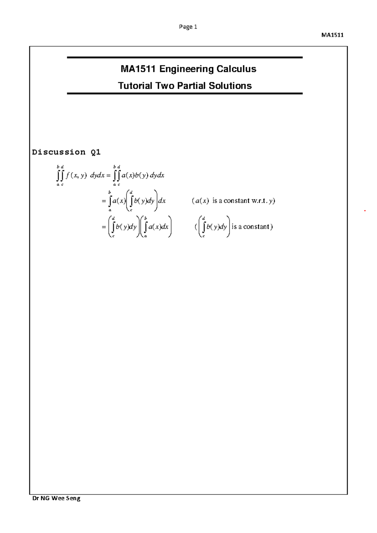 Tutorial 2 Discussion Problems Solutions - MA MA1511 Engineering ...